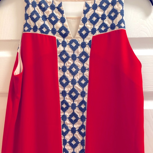 THML | Dresses | Thml Red Orange Dress With Blue And Cream Detail ...